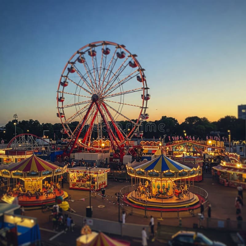 Festive Fairground with Carousel and Rides Stock Illustration ...
