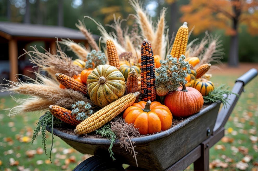 Festive Fall Arrangement with Pumpkins, Corn, and Pampas Grass in a Wheelbarrow Stock Photo ...