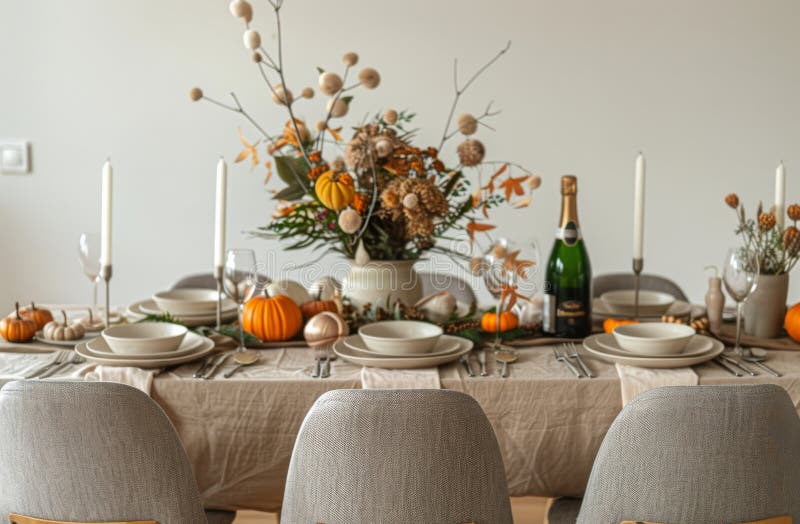 Festive Fall Table Setting with Pumpkins, Wine, and Candles Stock Photo ...