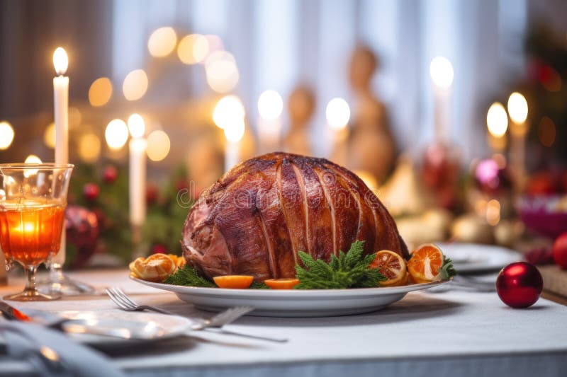 Festive Feast: Christmas Ham Illuminated by Candlelight. Stock Image ...