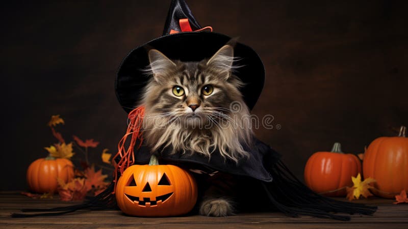 Festive Feline: Halloween Cat in Witch Costume with Pumpkins: Halloween ... Festive Feline: Halloween Cat in Witch Costume with Pumpkins: Halloween ...