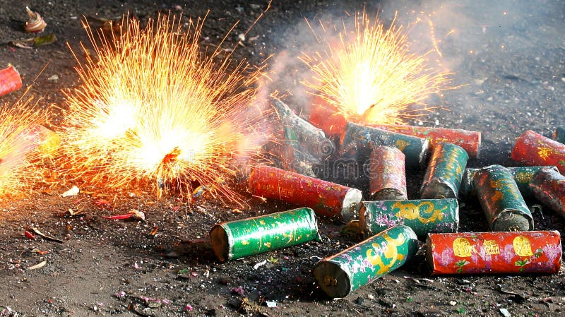 Festive Firecrackers Exploding Colorful Pyrotechnics Ground Fireworks ...