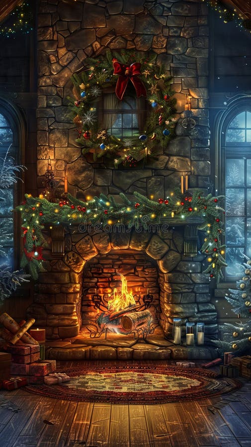 Festive Fireplace Scene with Ample Space for Holiday Greetings. Stock ...