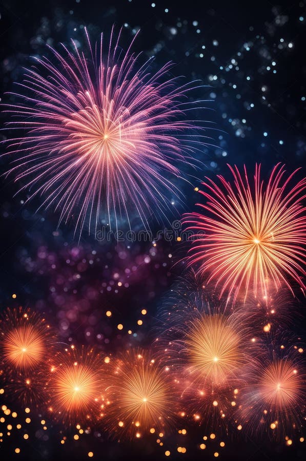 Festive Fireworks Bursting with Glittering Bokeh on Night Sky Stock ...