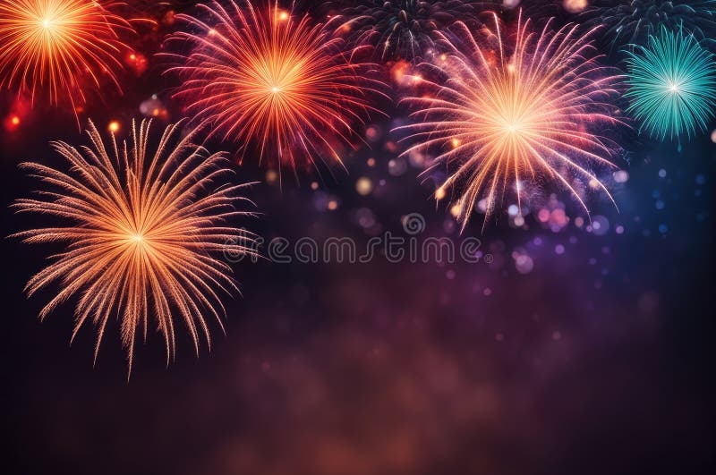 Festive Fireworks Bursting with Glittering Bokeh on Night Sky Stock ...
