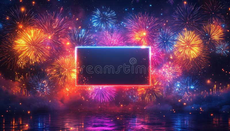 Festive Fireworks Display with Neon Frame Over Water Reflection for ...