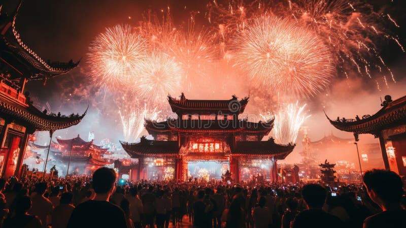 Festive Fireworks Display Over Ancient Chinese Temple Stock ...