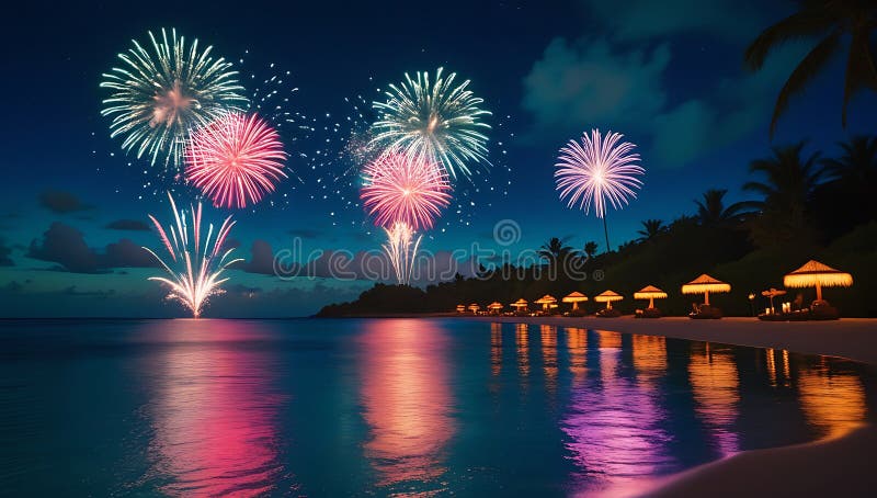 Festive Fireworks Display Over Tropical Beach Scene Stock Illustration ...