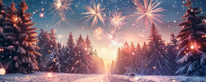 Festive Fireworks Display in Snowy Forest during Winter Evening Stock ...