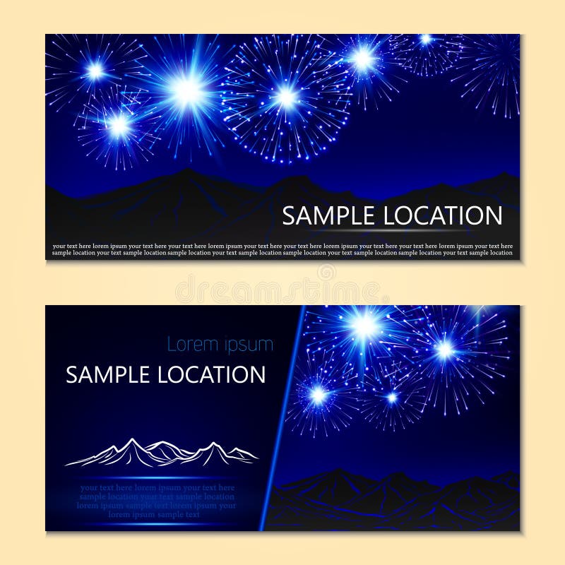 Festive Fireworks, Mountains and Sample Text Layout .Vector. Stock ...