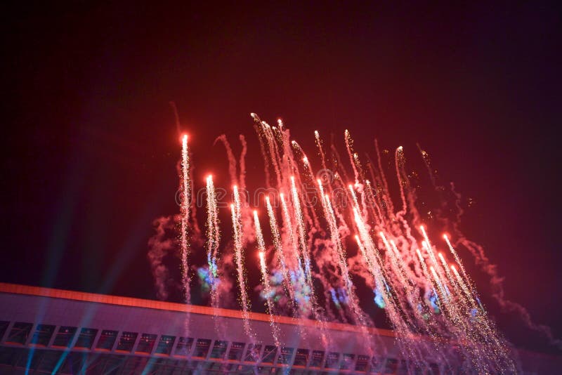 Festive Fireworks at Night in an Open Stadium Stock Photo - Image of ...