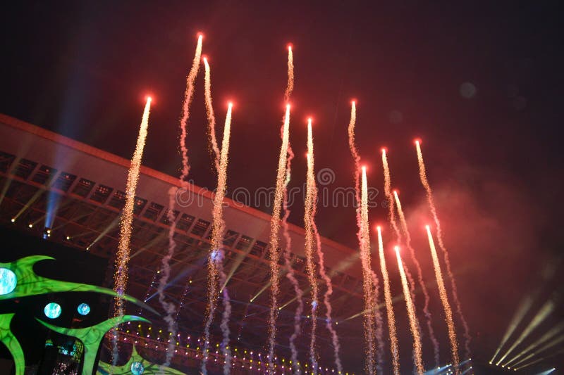 Festive Fireworks at Night in an Open Stadium Stock Photo - Image of ...