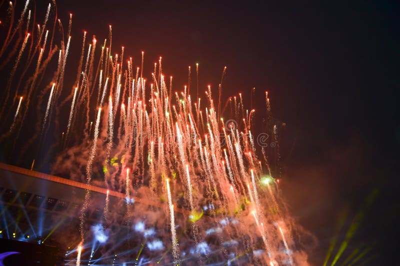 Festive Fireworks at Night in an Open Stadium Stock Image - Image of ...