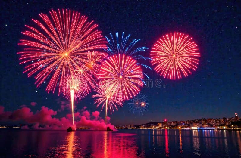Festive Fireworks Over the Bay in the Night Sky. Fireworks in Honor of ...