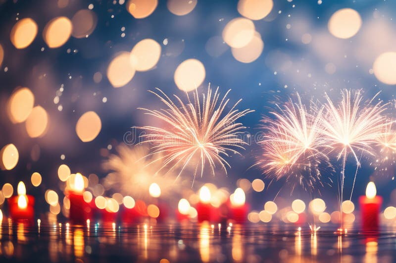 Festive Fireworks Over Glittering Bokeh Background Stock Photo - Image ...