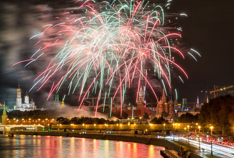 Festive Fireworks Over the Moscow Kremlin Stock Photo - Image of ...