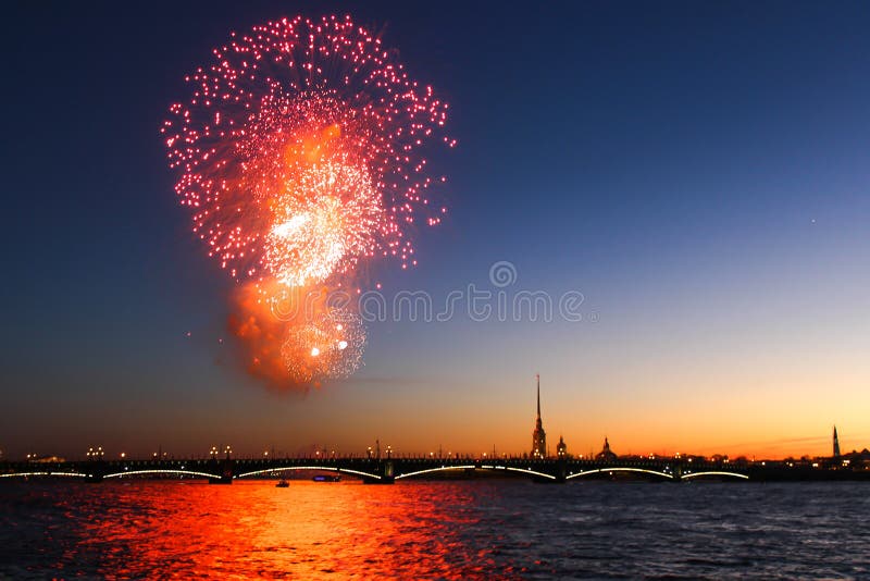 Festive Fireworks on the Waterfront at Sunset Stock Photo - Image of ...