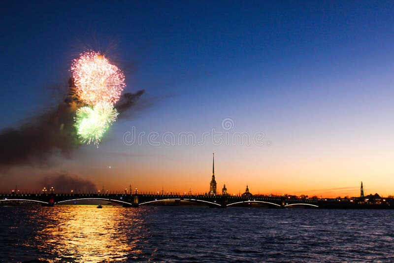 Festive Fireworks on the Waterfront at Sunset Stock Photo - Image of ...