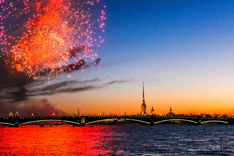 Festive Fireworks on the Waterfront at Sunset Stock Photo - Image of ...
