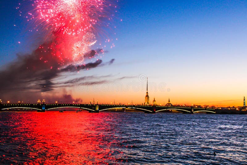 Festive Fireworks on the Waterfront at Sunset Stock Image - Image of ...