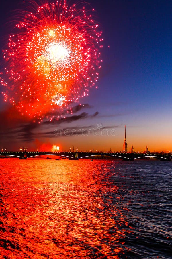 Festive Fireworks on the Waterfront at Sunset Stock Image - Image of ...