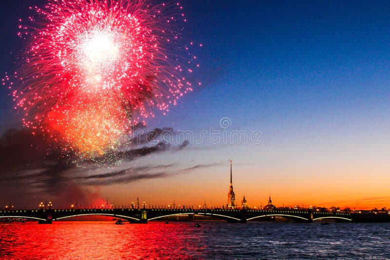Festive Fireworks on the Waterfront at Sunset Stock Photo - Image of ...