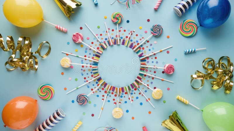 Festive Flat Lay of Birthday Party Decorations on Blue Background Stock ...