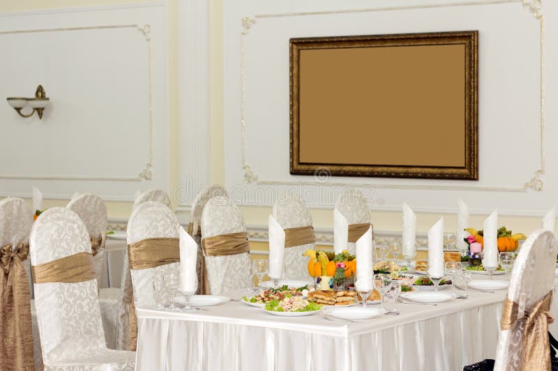 Festive Food on Table in Hall Stock Image - Image of dishware, gourmet ...