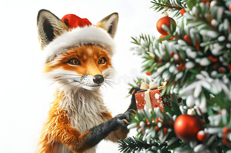 A Festive Fox in a Santa Hat Decorates a Christmas Tree with Ornaments ...