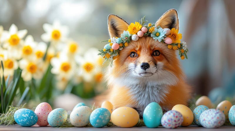 Festive Fox in Spring Setting with Floral Crown and Easter Eggs. Easter ...