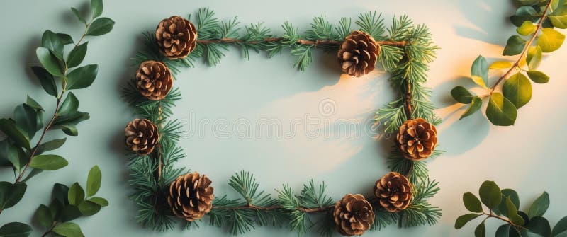 Festive Frame with Pinecones and Greenery on Pale Green Background ...