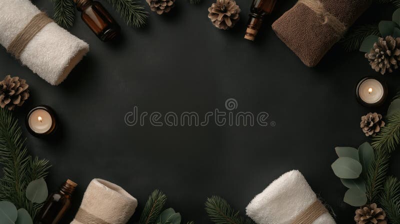 Festive Frame of Spa Essentials with Towels, Candles, and Pine Cones ...