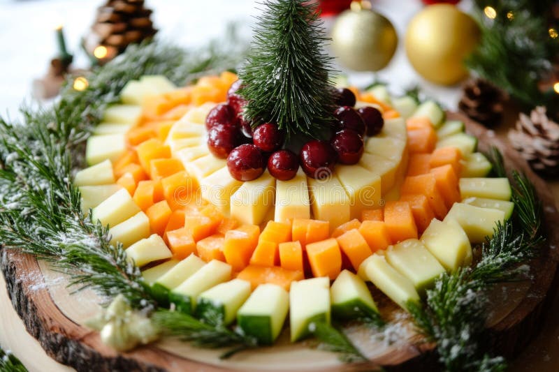 Festive Fruit and Cheese Platter with Pine Sprigs Stock Illustration ...