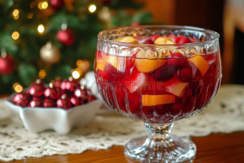 Festive Fruit Punch in a Glass Bowl with Christmas Decor in the ...