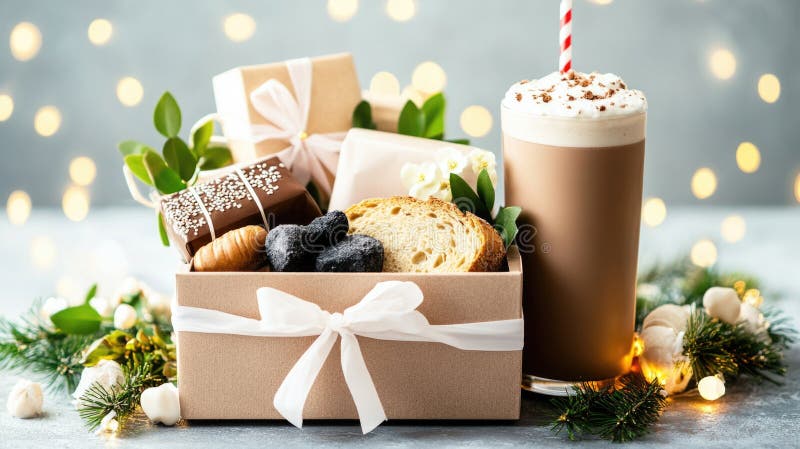 Festive Gift Box with Coffee and Pastries Amidst Holiday Lights and ...