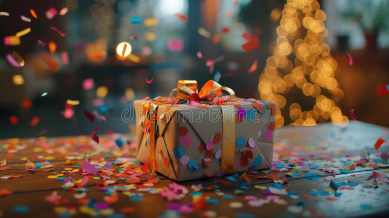 Festive Gift Box with Confetti Celebration and Warm Bokeh Lights Stock ...