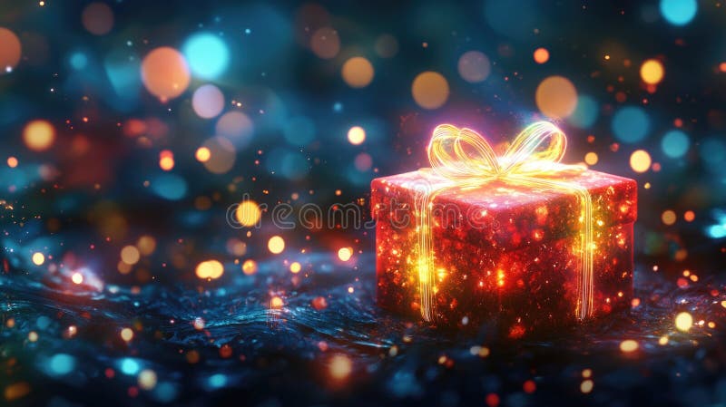 Festive Gift Box with Glowing Lights and Sparkling Background Stock ...