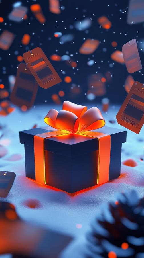 Festive Gift Box with Glowing Orange Ribbon in Magical Snowfall Stock ...