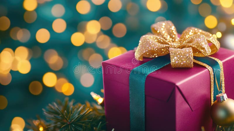 Festive Gift Box with Gold Bow and Holiday Lights in Background Stock ...