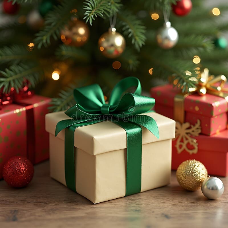 Festive Gift Box with Green Ribbon Under Christmas Tree Stock ...