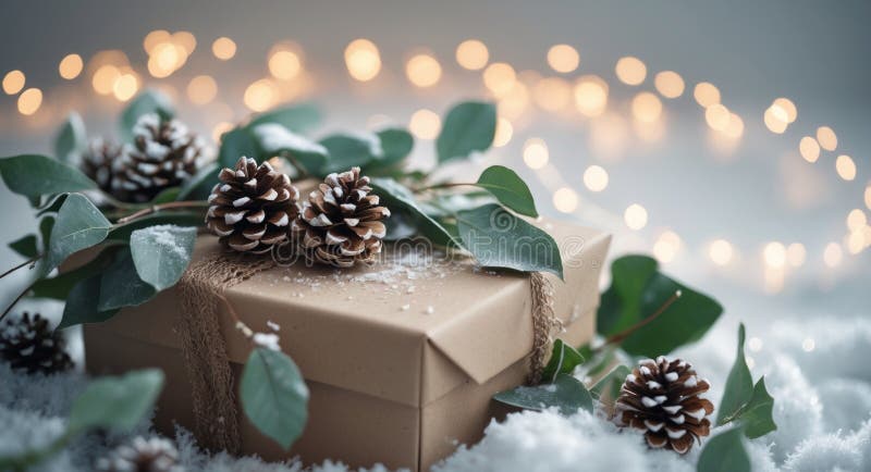 Festive Gift Box Natural Decorations Twinkling Lights Stock Photos ...