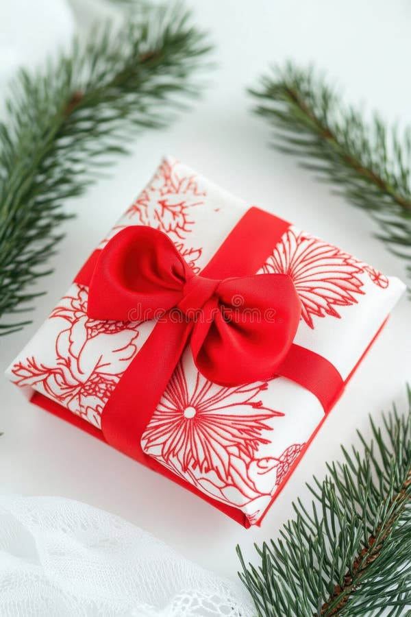 Festive Gift Box with Red Bow and Pine Branches on White Background ...