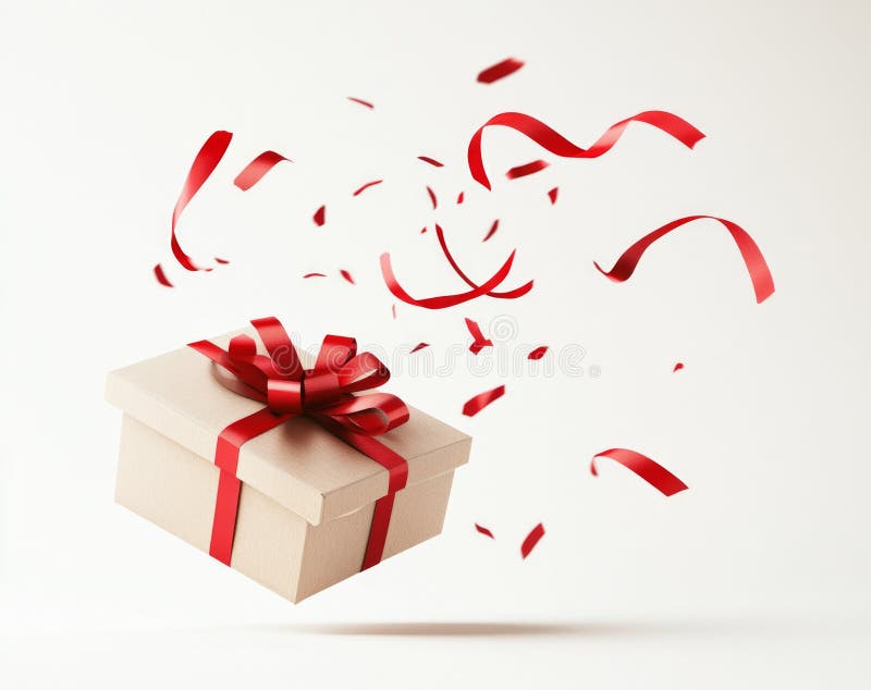 Festive Gift Box with Red Ribbon and Floating Streamers on a Light ...