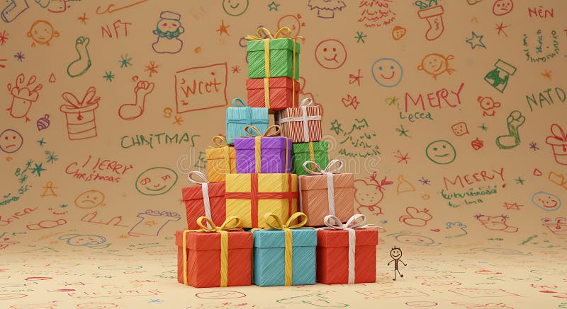 Festive Gift Box Stack with Hand Drawn Christmas Doodles Background ...