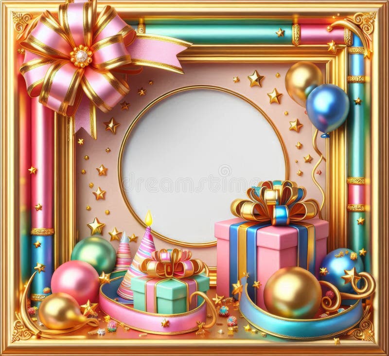 Festive Gift Boxes, Balloons, and Ornaments Frame a Colorful Circular ...