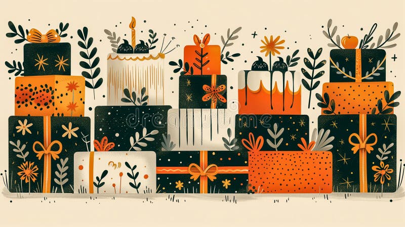 Festive Gift Boxes and Cakes in Black, Orange, and White Stock ...