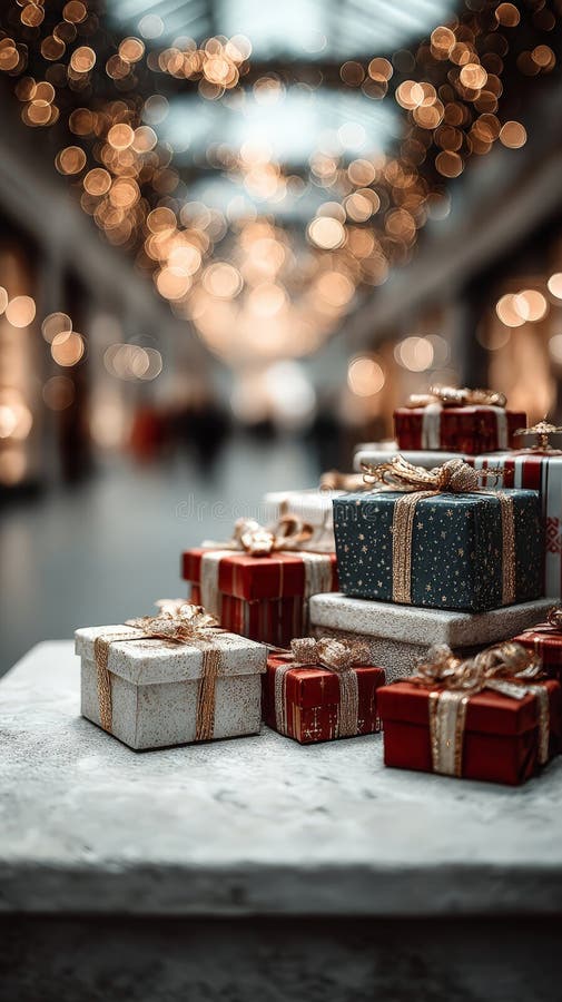 Festive Gift Boxes Display in Holiday Decorated Shopping Mall Stock ...