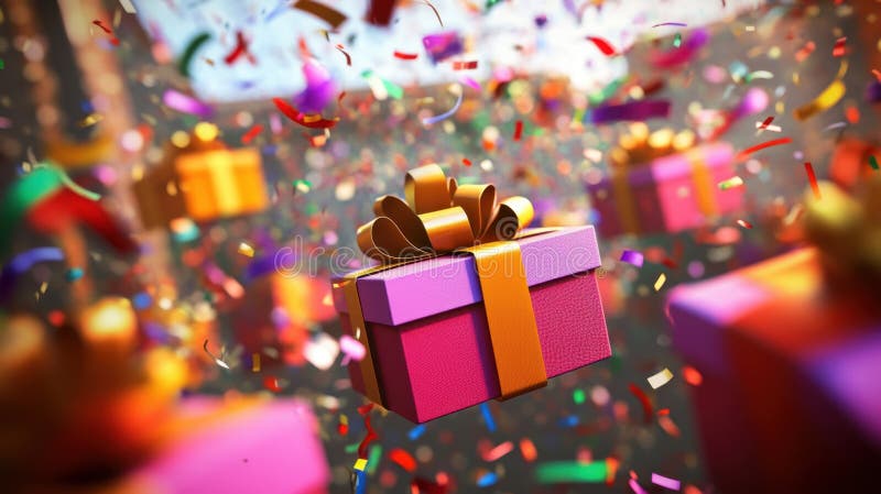 Festive Gift Boxes Suspended in Mid-Air with Colorful Confetti ...