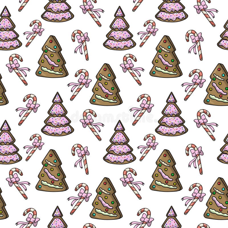 Festive Gingerbread-Christmas Trees with Icing and Sweets. Seamless ...