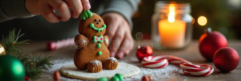 Festive Gingerbread Decorating Scene with Candlelight and Christmas ...
